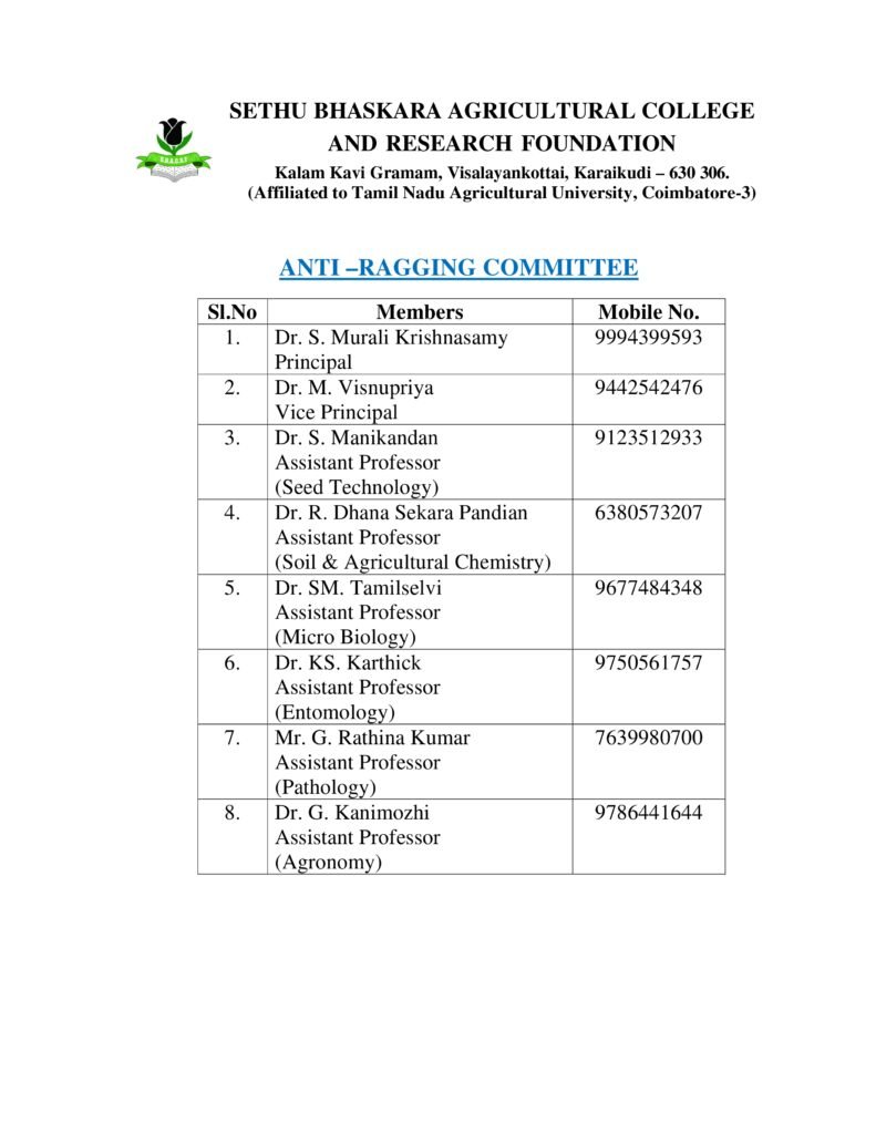 Anti-ragging Committee - Sethu Bhaskara Agricultural College